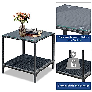 Tangkula 3 Pieces Patio Wicker Rocking Bistro Set, Outdoor Rocking Chair Furniture Set w/Cushioned Seat, Conversation Set w/Glass Coffee Table and Storage Shelf (Navy Blue)