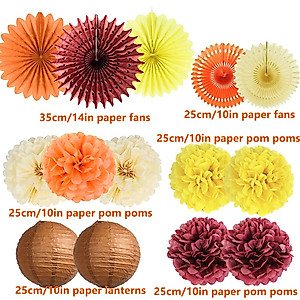 Fall Party Decorations Orange Burgundy Paper Fans Yellow Paper Pom Poms Paper Lanterns Maple Leaf Garland Circle Dot for Autumn Harvest Birthday Fall Bridal Shower Baby Shower Thanksgiving Party Decor