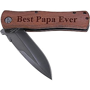 Best Papa Ever Folding Stainless Steel Pocket Knife, (Wood Handle