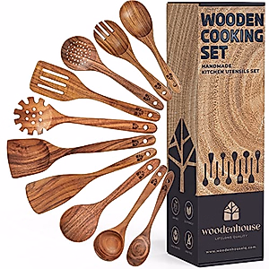 Wooden Spoons for Cooking, 10 Pcs Teak Wood Cooking Utensil Set - Wooden Kitchen Utensils for Nonstick Pans & Cookware - Sturdy, Lightweight & Heat Resistant