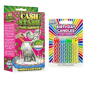 BEST PARTY EVER! Cash Stash Cake Surprise Candle Set, Pull Out Money Box for Birthday Cake with 24 Candles, Holds Up to 40+ Bills, Birthday Cake Topper