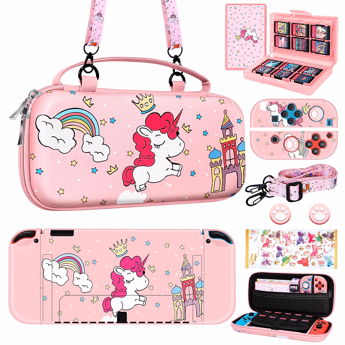 Xinocy for Nintendo Switch OLED 9 in 1 Storage Accessories Kit with Travel Carrying Case+Switch Protective Cover+Game Case Holder+Strap+Sticker+2 Joycon Shells+Thumb Caps Cute for Kids Girls-Cards
