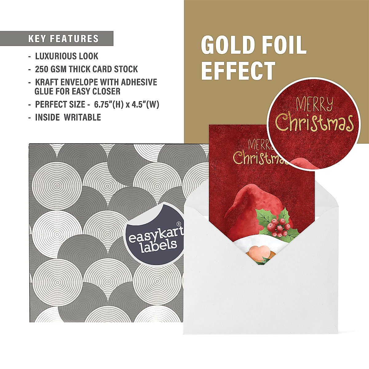 easykart labels 20 Christmas Gnome Cards with Envelopes & Sealing Stickers, 4 Christmas Theme Santa Designs With Gold Foling effect, 6.75" x 4.5" For Friends, Family and loved Ones