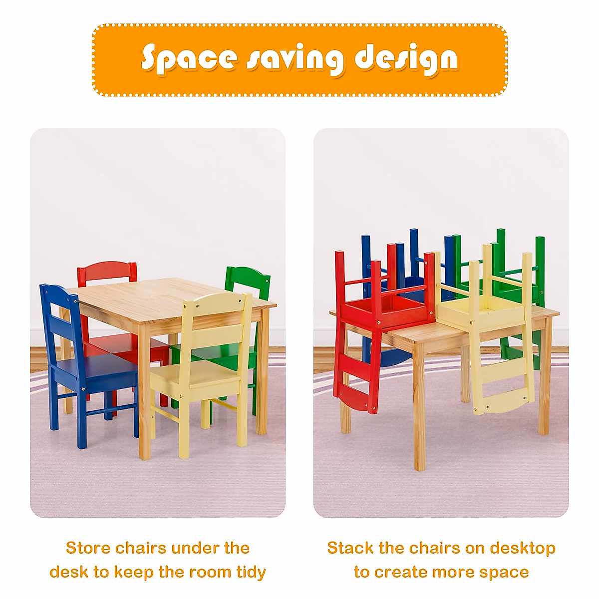 KOTEK Kids Wood Table and 4 Chair Set, Children Multi Activity Table for Learning, Playing, Drawing, Toddler Picnic Table and Chairs Set for Home, Classroom and Daycare (Assorted)