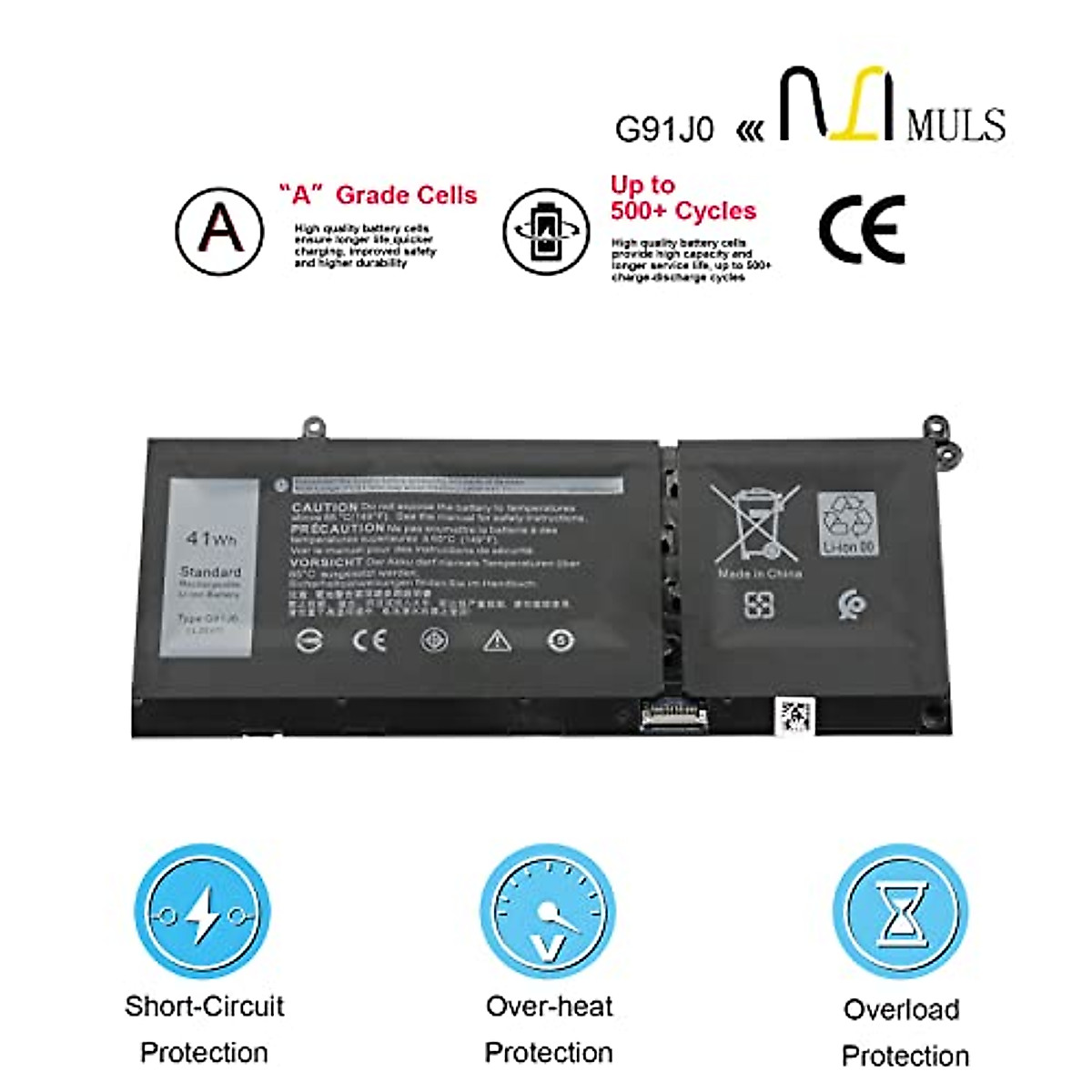 MULS G91J0 41Wh Laptop Battery for Dell Inspiron 13 5310 14 5410 14 Plus 7420 15 3510 3511 5510 16 5625 14 5410 2-in-1 Latitude 3320 3330 Vostro 5620 13 5310 14 3420 15 3510 V6W33 Laptop ​3467mAh
