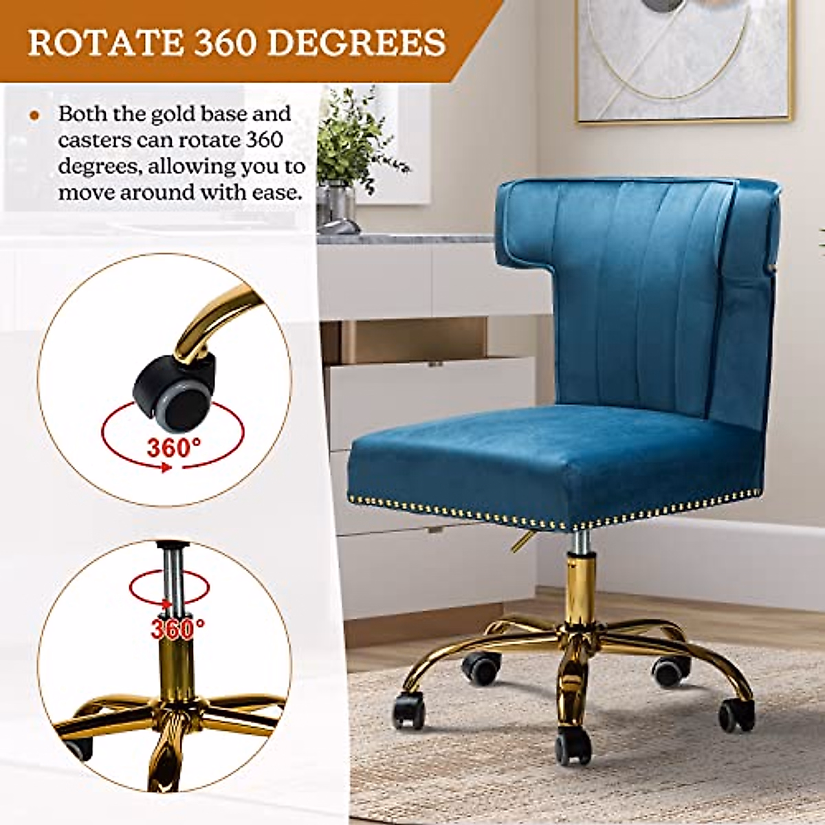 HULALA HOME Velvet Office Chair with Wingback and Decorative Nailhead, Adjustable Swivel Modern Armless Desk Chair, Cute Vanity Chair for Women (Gold Base, Navy)