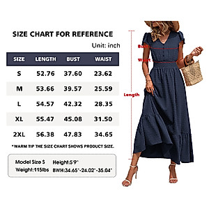 PRETTYGARDEN Womens Summer Boho Maxi Dress Short Sleeve Swiss Dot Flowy Long Dress V Neck Smocked Waist Beach Party Sun Dress(Navy, Large)