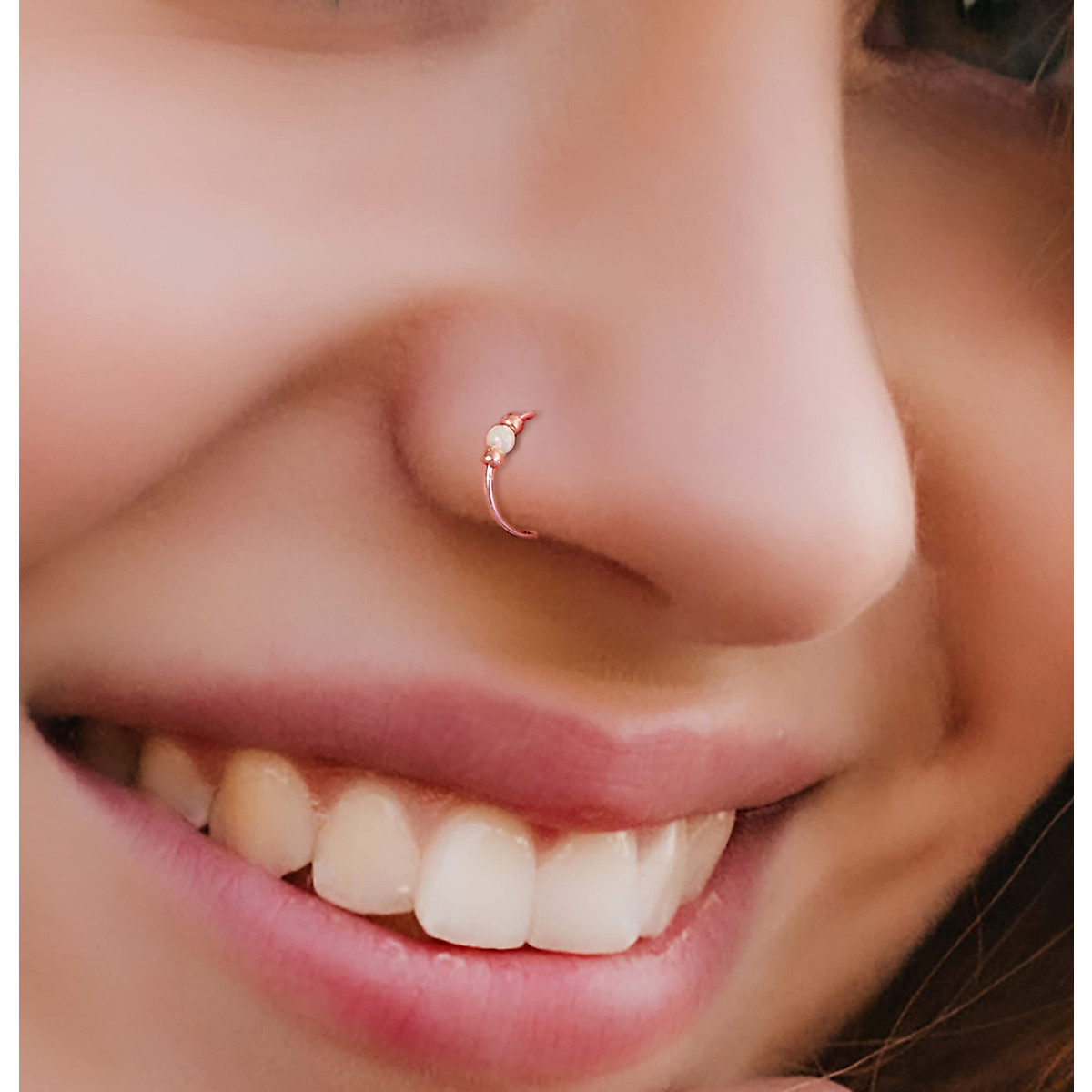 LAOPAZ White Opal Nose Ring 14k Rose Gold Piercing Hoop - 24 Gauge Nose Jewelry For Women Men - Handmade Nose Rings…