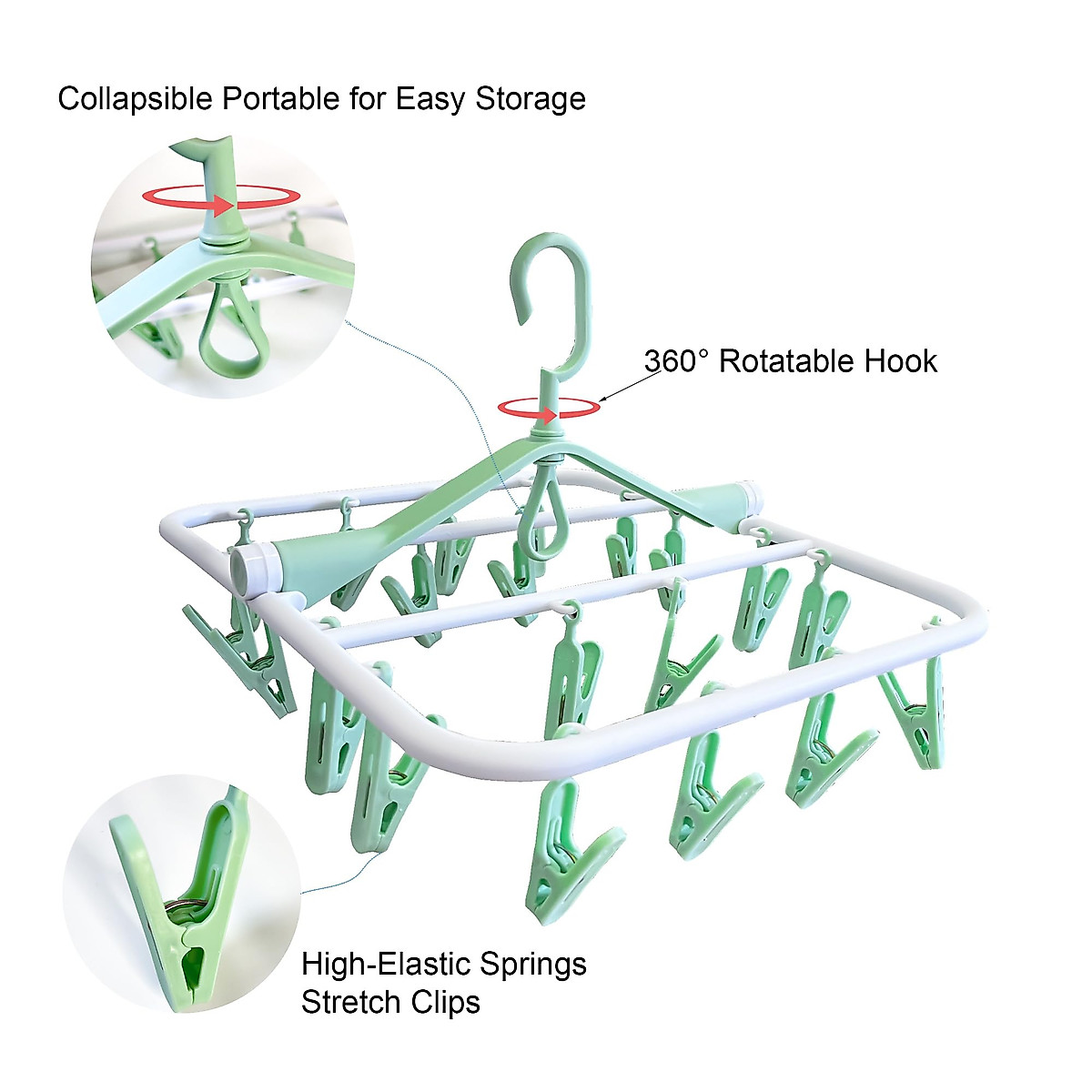 HAOYIJIA Foldable Clip Clothes Drying Racks, Drip Hanger Plastic with 20 Drying Clips 360° Rotatable Hook Laundry Clip for Drying Towels Bras Baby Clothes Gloves