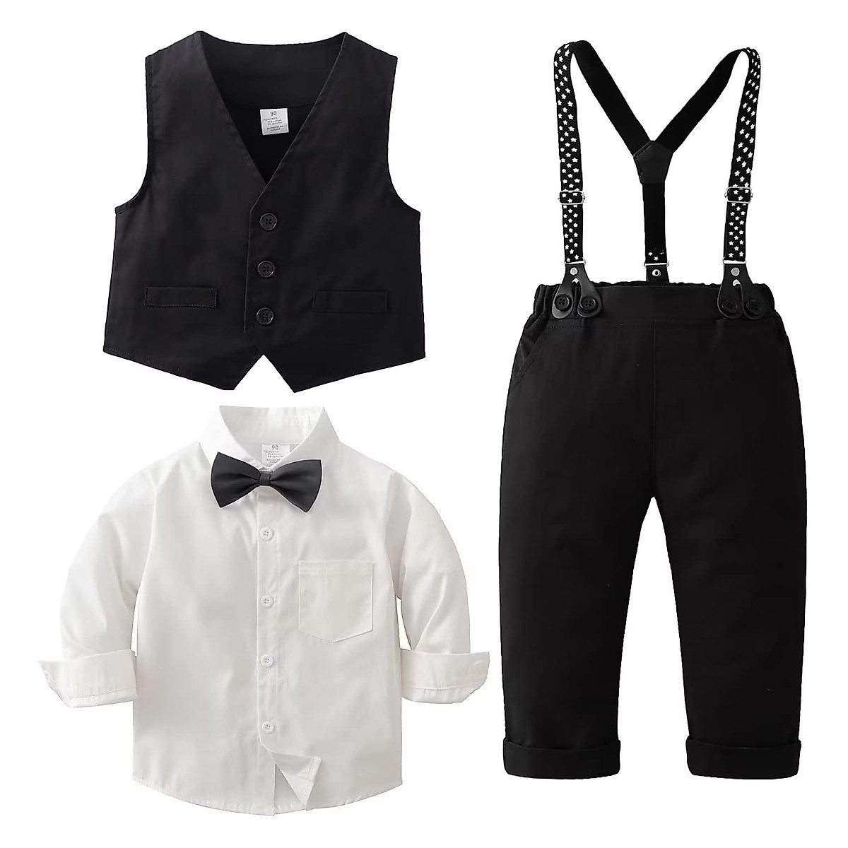 Baby Boys Long Sleeve Dress Shirt with Bowtie + Suspender Pants + Vest Gentleman Outfit for Infant Black 18-24M