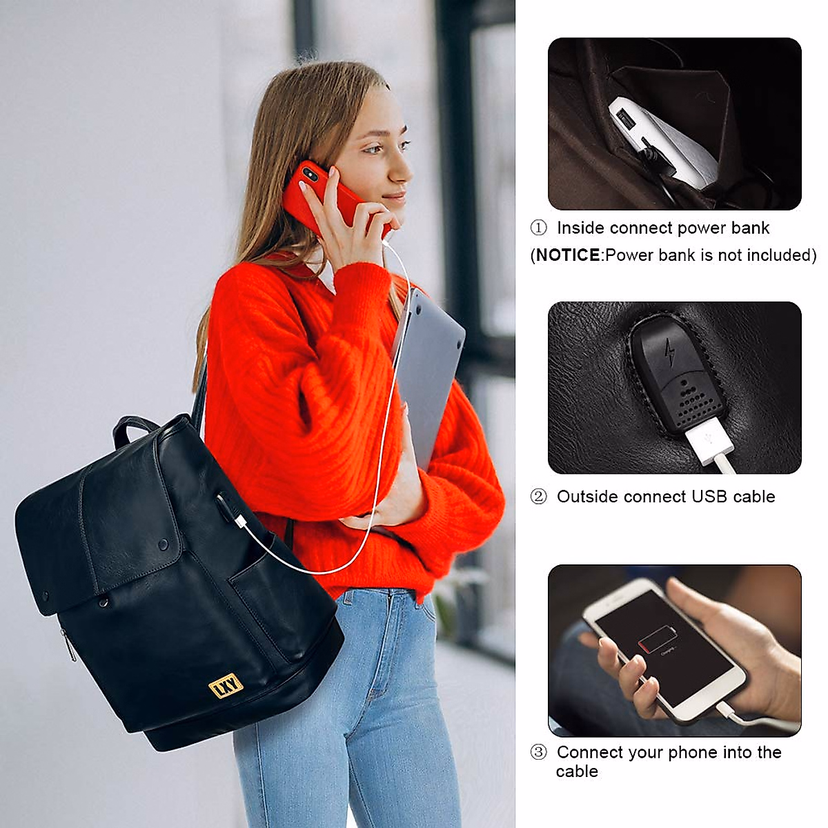 LXY Leather Backpack Vintage College School Backpack, Brown Faux Leather Backpack Purse, 15.6 Inches Laptop Bookbag with USB Charging Port