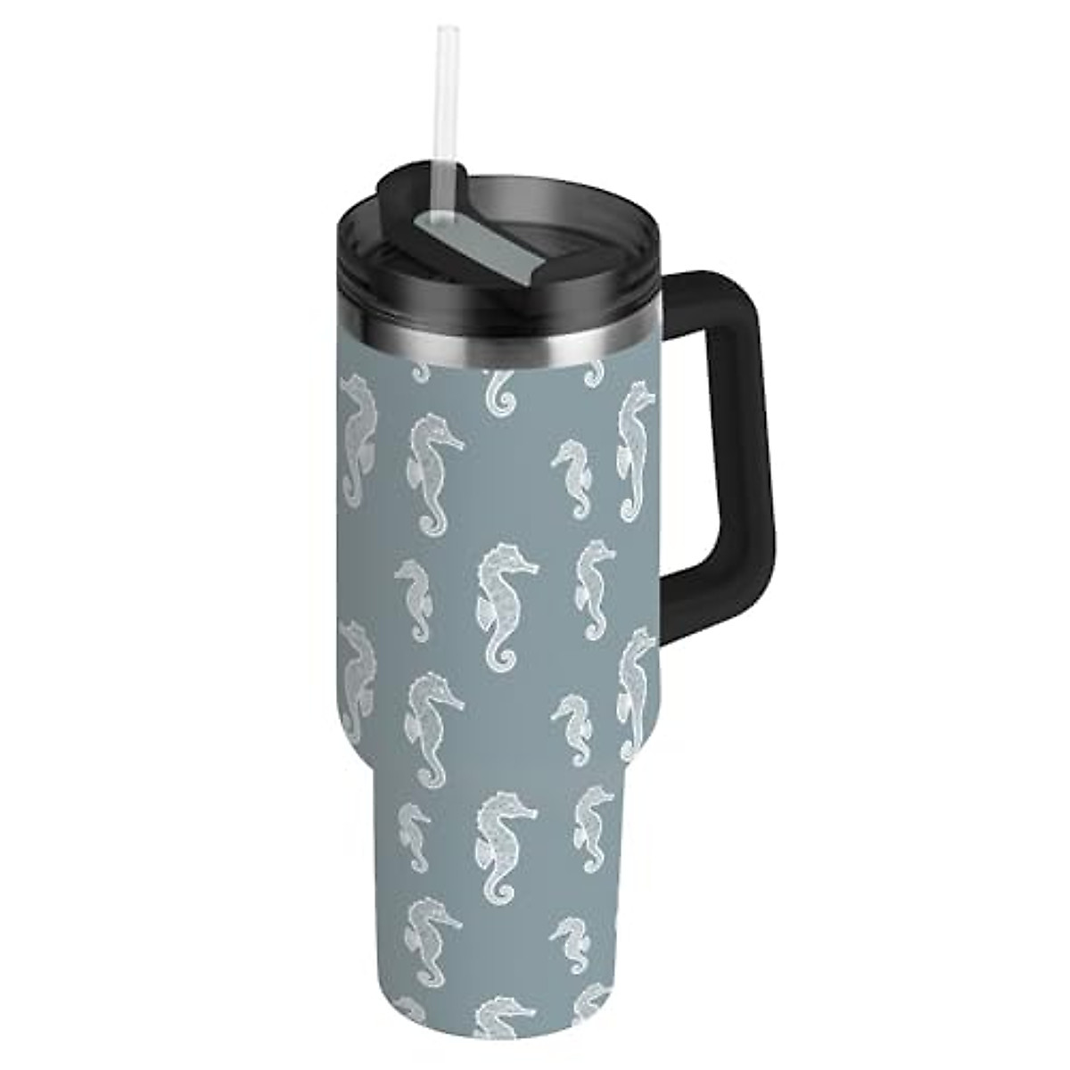SDMKA 30oz Stainless Steel Tumbler with Straw and Handle, Vacuum Insulated Double-Walled Travel Mug, BPA-Free Leakproof Cup for Hot/Cold Beverages, Seahorses
