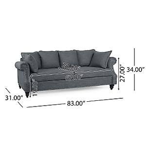 Christopher Knight Home Manbow Pillowback 3 Seater Sofa with Nailhead Trim - Charcoal/Dark Brown