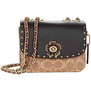 COACH Coated Canvas Signature Border Rivets Madison Shoulder Bag 16 Tan Rust One Size