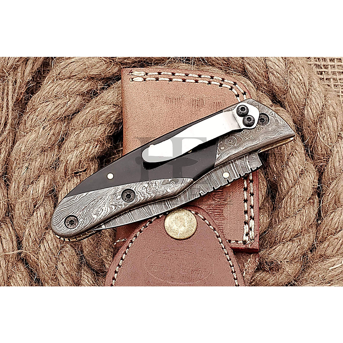 HUNTEX Custom Handmade Hand-Forged Twist Pattern Damascus Steel 4 Inch Long Natural Walnut Wood Handle Razor Sharp Hunting Folding Pocket Spear Knife with Pocket Clip & Genuine Leather Pouch