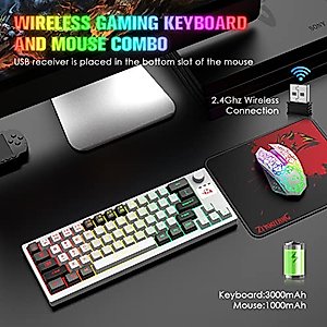 FELICON Small Wireles Gaming Keyboard and Mouse Combo, Rechargeable RGB Backlit 64 Keys Mini Double Color Keyboard and Crack Light Up Mouse, Mouse Pad for PC, MAC, Gamer