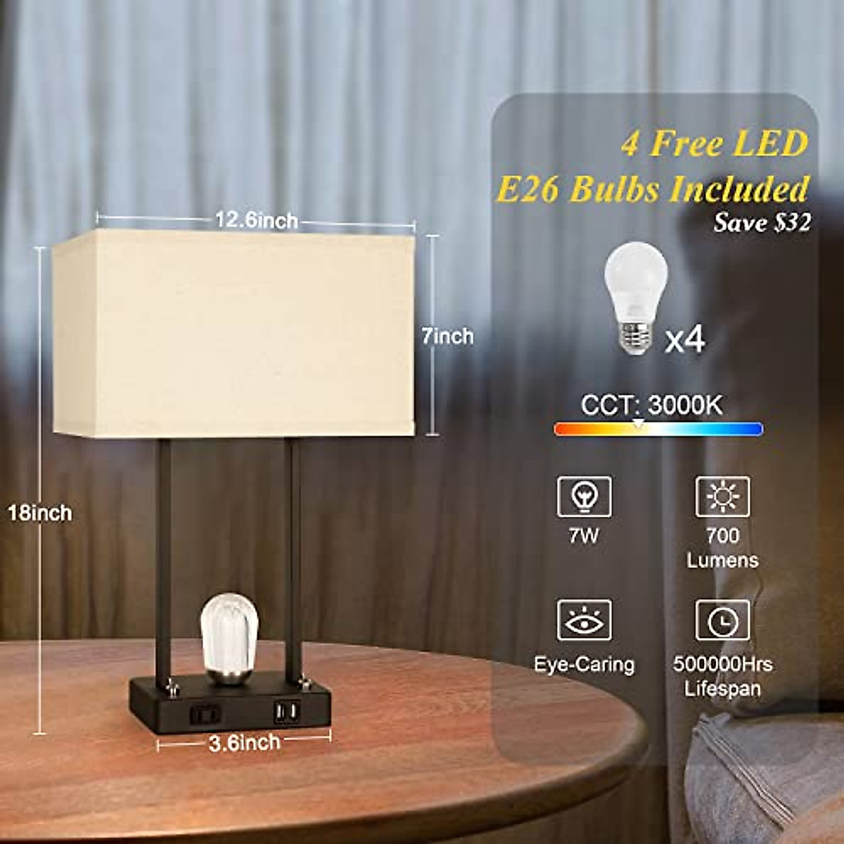 Table Lamps for Bedrooms Set of 2 - Bedside Lamps with Night Light+USB Port&AC Outlet Charging, Modern Black Nightstand Lamps with Linen Fabric Lampshade for Bedroom Living Room (4 Blubs Included)