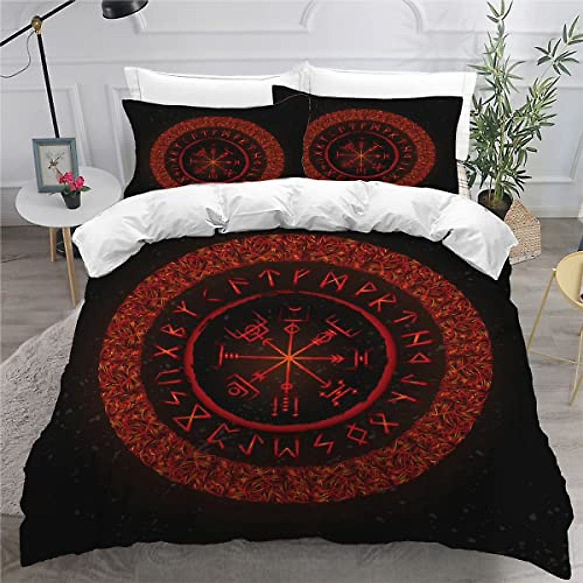 Quilt Cover Queen Size Runes, Symbols 3D Bedding Sets Viking, Nordic Duvet Cover Breathable Hypoallergenic Stain Wrinkle Resistant Microfiber with Zipper Closure,beding Set with 2 Pillowcase
