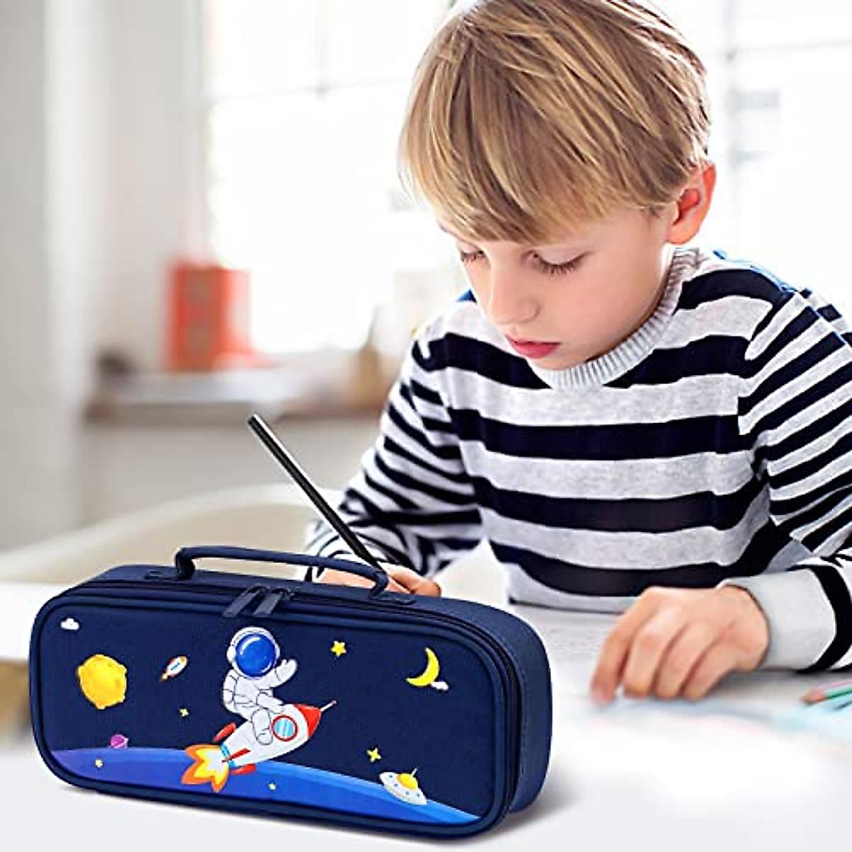 Four Candies Cute Pencil Case for Boys, Big Capacity Canvas Kawaii Pencil Pouch with Zipper & Handle , Waterproof and Durable Compartment Large Storage Pencil Bag for Kids in School - Astronaut