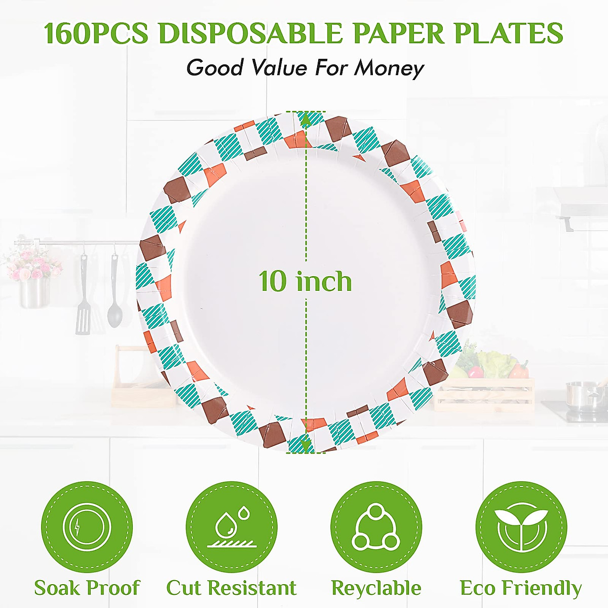 FOCUSLINE 10 inch Paper Plates, Disposable Paper Plates 10 inch Bulk 160 Count, Soak-Proof & Cut-Proof Bulk Paper Plates for Parties, Picnic and Family Gatherings.