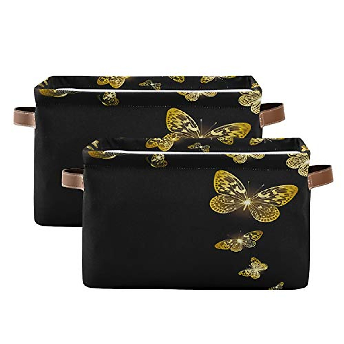 AGONA Black Beautiful Gold Butterfly Foldable Storage Bins Large Collapsible Fabric Storage Baskets with Leather Handles Organizing Box for Shelves Home Bedroom Nursery Office 2 Pack