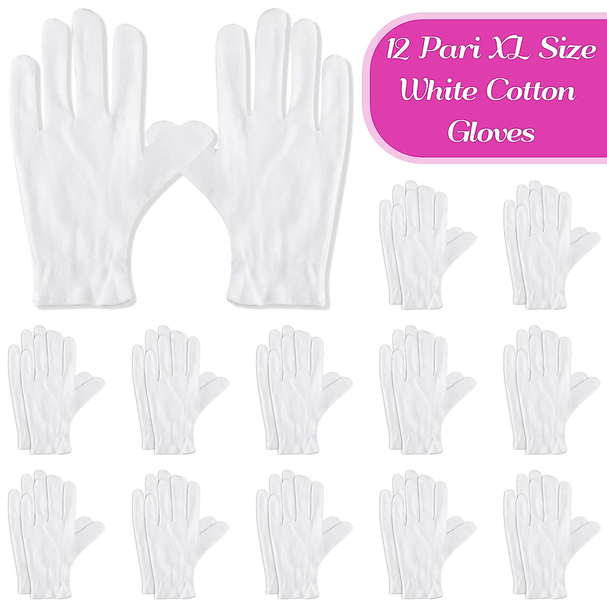 Paxcoo 12 Pairs XL White Cotton Gloves for Dry Hand Moisturizing Cosmetic Eczema Hand Spa and Jewelry Inspection