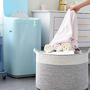 miberte Large Cotton Rope Basket-Throw Blanket Storage Basket 22" x 22" x 14" for Pillows in Living Room Woven Baby Laundry Basket with Handle,Nursery Basket Soft Toy Storage Basket Brown & White