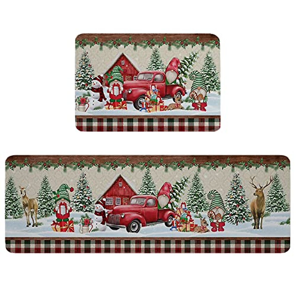 Kitchen Mat Rug Set of 2 Christmas Farmhouse Elk Gnome Truck Red Green Plaid Runner Rug Anti-Fatigue Comfort Memory Foam Standing Mat Non-Slip Floor Door Mat for Bathroom Bedroom 16x24n+16x47in