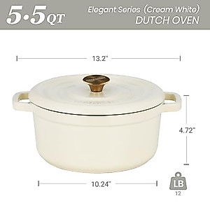 Overmont Enameled Cast Iron Dutch Oven - 5QT Pot with Lid Cookbook & Cotton Potholders - Heavy-Duty Cookware for Braising, Stews, Roasting, Bread Baking white