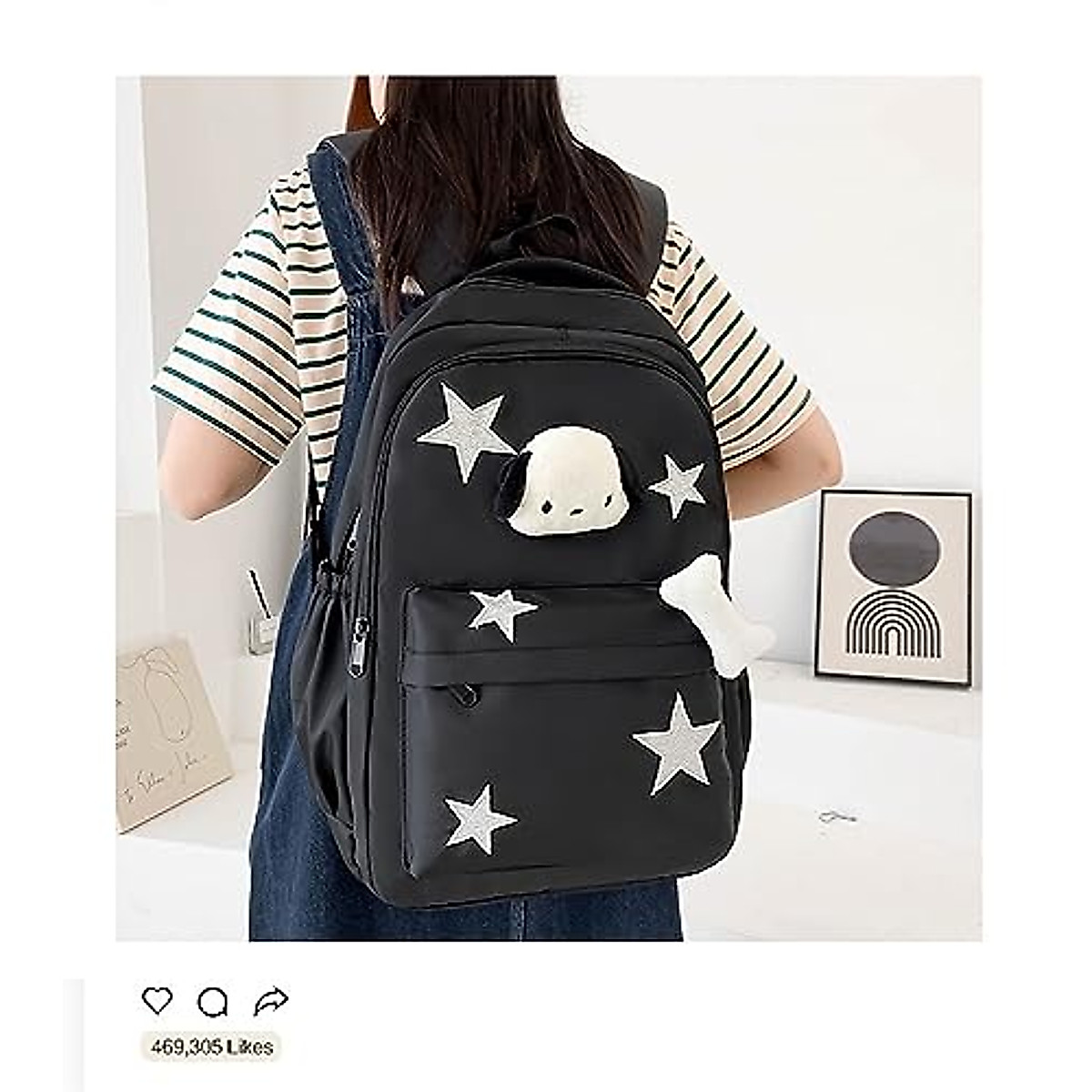 JHTPSLR Preppy Backpack with Plushies Y2K Aesthetic Backpack Sparkling Silver Stars Backpack Book Bags Cute Aesthetic Backpack (Black)