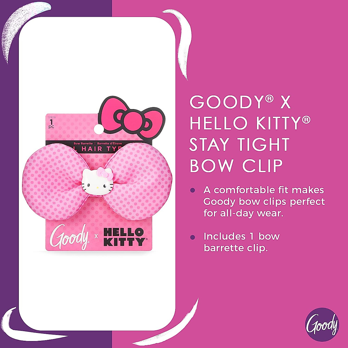 GOODY x Hello Kitty Girls Hair Clip Pink Bow Stay Tight Closure Help Keep Hairs In Place Hair Accessories to Style With Ease and Keep Your Hair Secured For All Hair Types Pain Free, 1 Count