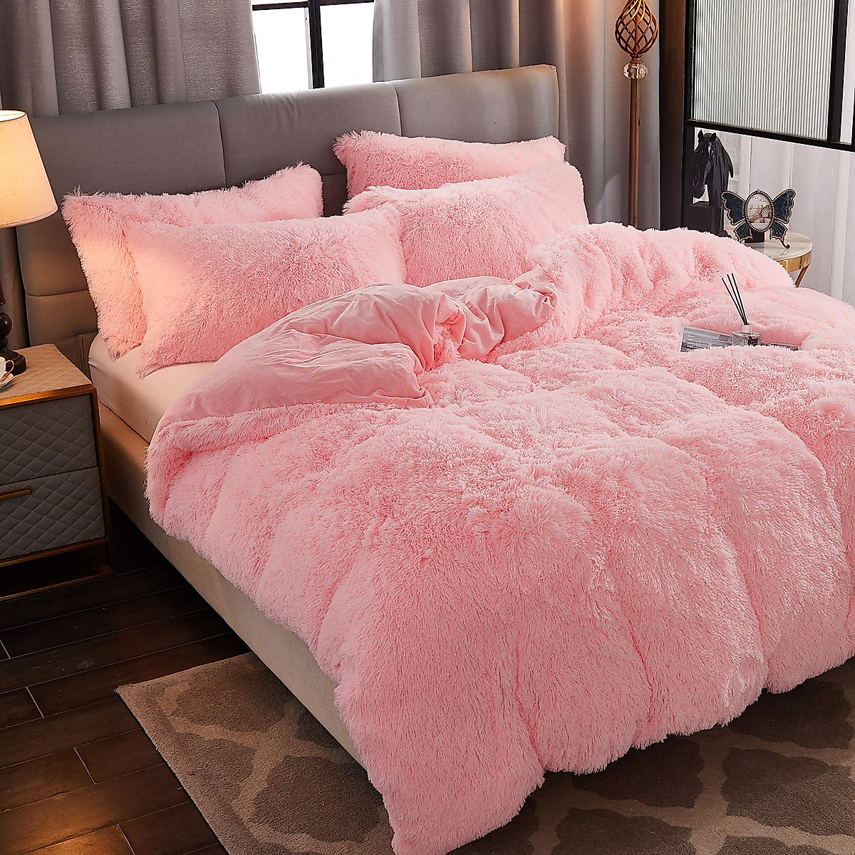 WERDIM Shaggy Fluffy Faux Fur Duvet Cover Set Button Closure Velvety Bedding Set Comforter Cover with Pillowcases Pink, Queen Size