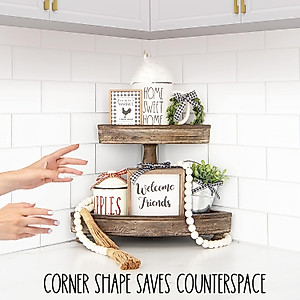 Corner Round Tiered Tray Stand 2 Tier Tray Stand Small Farmhouse Kitchen Decor Coffee Corner Counter Shelf Kitchen Counter Farmhouse Decor Rustic Home Decor Brown Wood Wooden Two Tiered Tray Decor