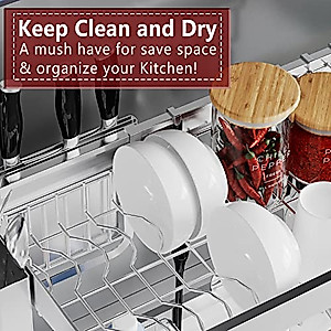 VNKZI Over Sink Dish Drying Rack, 2 Tier Full Stainless Steel Storage Adjustable Length (25.98''~36.61'') Kitchen Rack, Multifunctional Expandable Counter Organizer Shelf, Space Saver Dish Rack