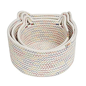 Hizibesty 3 Pack Cotton Rope Storage Baskets Bin Stackable Decorative Woven Basket with Cut Cat Ears Design for Clothes, Toy, Makeup, Books, Towels, Nursery