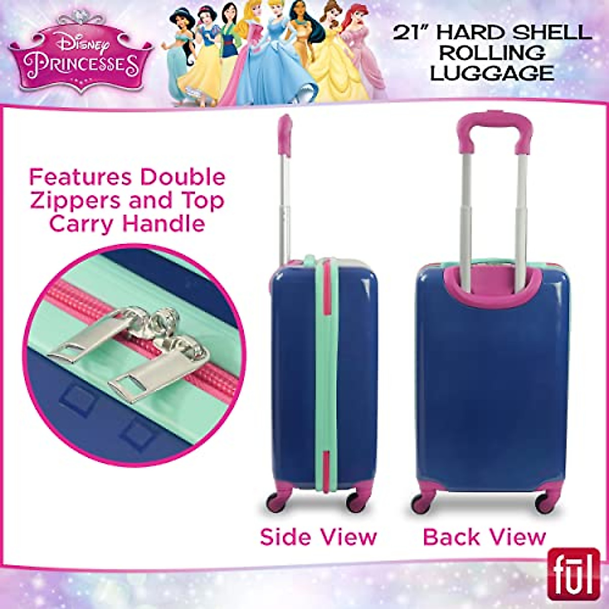 FUL Disney Princess Girl Power 21 Inch Kids Rolling Luggage, Hardshell Carry On Suitcase with Wheels, Multi, Blue (FCGL0028SAMEC-410)