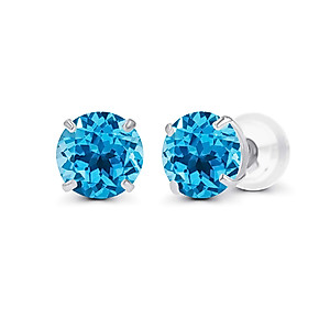 Genuine 10K Solid White Gold 4mm Round Natural Swiss Blue Topaz December Birthstone Stud Earrings