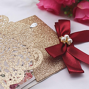 AdasBridal 25Pcs Gold Glitter Laser Cut Invitations with RSVP Cards and Envelopes Luxury Diamond and Ribbon Design with 250GSM Pearl Paper Insert For Wedding Engagement Birthday Quinceanera Invite