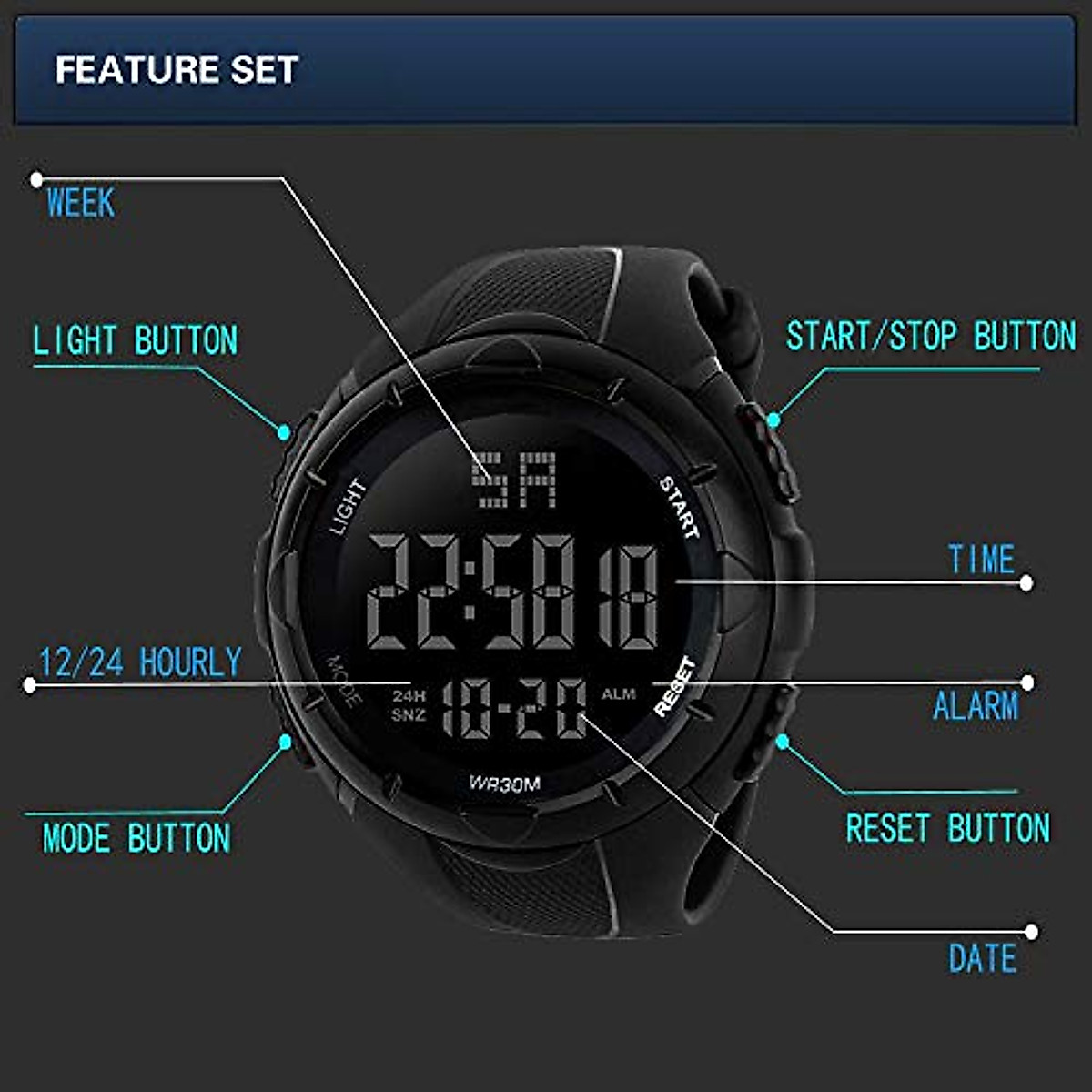 Men's Digital Sports Watch Waterproof Military Electronic Stopwatch for Men with Auto Date Alarm LED Backlight Chronograph Black