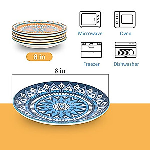 AHX Plate Set 8 Inch - Salad Plates | Dessert Appetizer Plates Colorful - Porcelain Lunch Plates - Set of 6 - Dishwasher and Microwave Safe