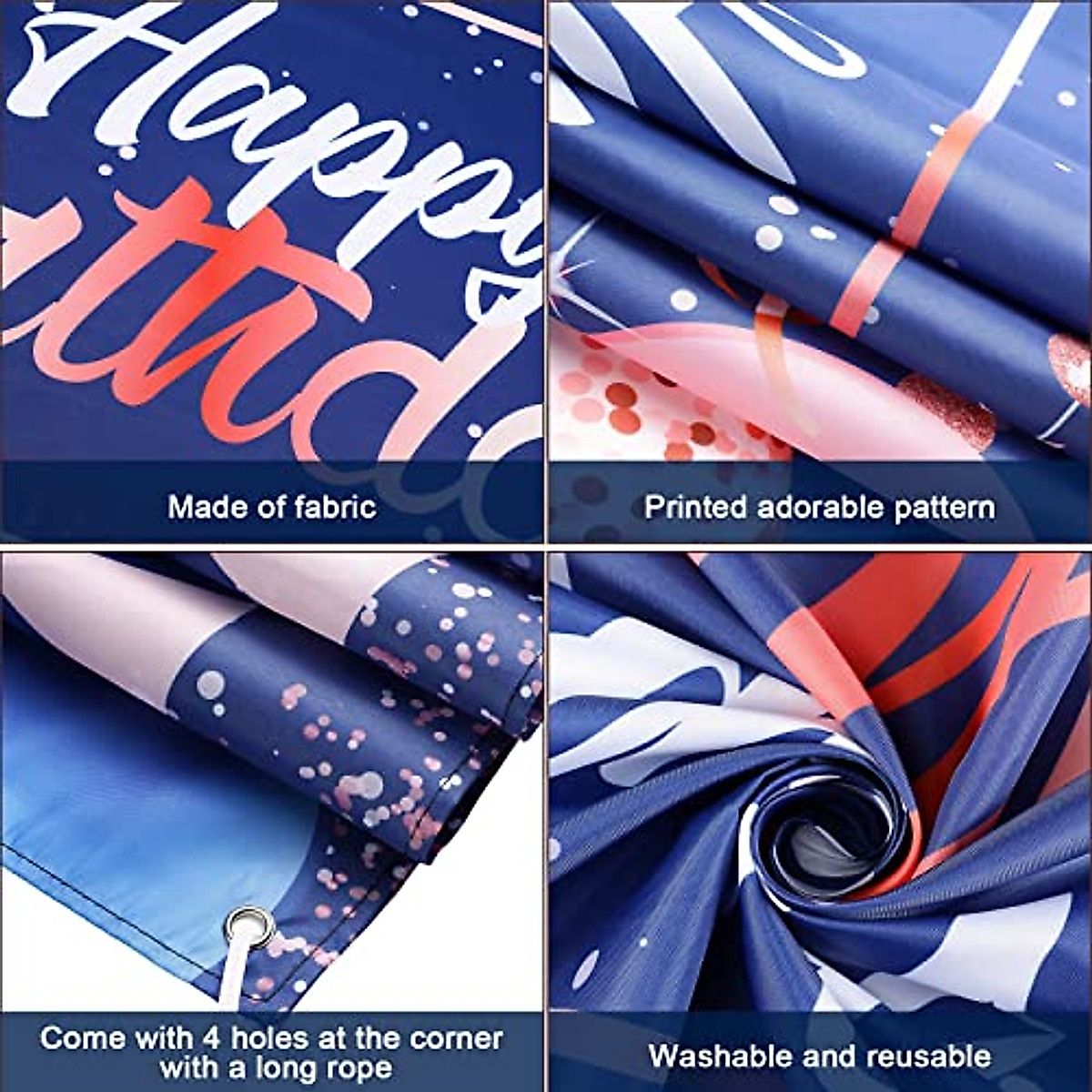 Happy Birthday Decorations Backdrop, Glitter Birthday Backdrop Sign, Happy Birthday Banner, Birthday Party Supplies Photo Background for Children Men Women, 72.8 x 43.3 Inch (Rose Gold and Navy Blue)