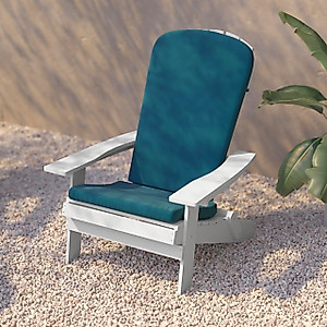 BizChair Set of 2 Folding Adirondack Chairs with Cushions - White Poly Resin Frame - Teal All-Weather Cushions - Indoor/Outdoor Use