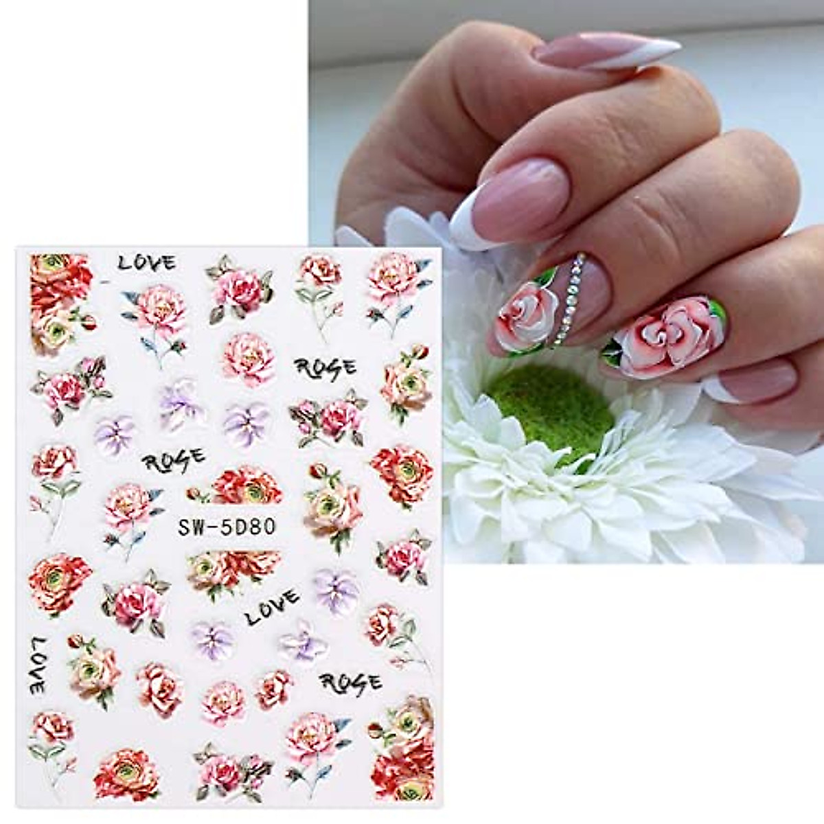 JMEOWIO 3D Spring Embossed Flower Nail Art Stickers Decals Self-Adhesive Pegatinas Uñas 5D Floral Nail Supplies Nail Art Design Decoration Accessories 5 Sheets