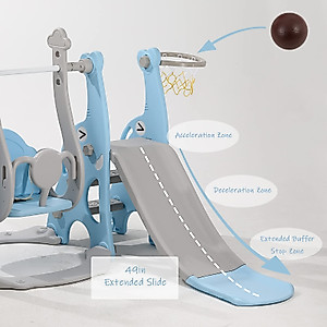 LANGYI Children's Four in One Slide Swing，with Basketball Frame and Ball Extra Long Slide，Children's That Can Be Installed at Will Indoor Outdoor Garden (Blue)