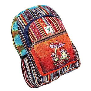 Unique Frog & Mushroom Embroidered Himalaya Hemp Hippie Backpack Festival Backpack FAIR TRADE Handmade with Love. (LARGE)