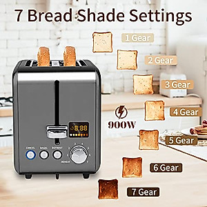 SEEDEEM Toaster 2 Slice, Stainless Steel Bread Toaster with Colorful LCD Display, 7 Bread Shade Settings, 1.4'' Wide Slots Toaster with Bagel/Defrost/Reheat Functions, Removable Crumb Tray, 900W, Dark Metallic