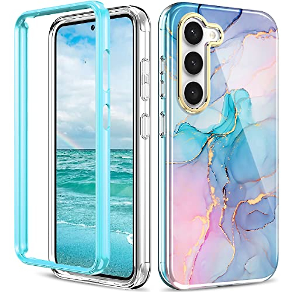 Turquiase for Samsung Galaxy S23 Case with 2pcs Tempered Screen Protector&1pcs Len Camera Protector, Lightweight and Stylish Full Body Shockproof Protective Rugged TPU Case, Blue Marble