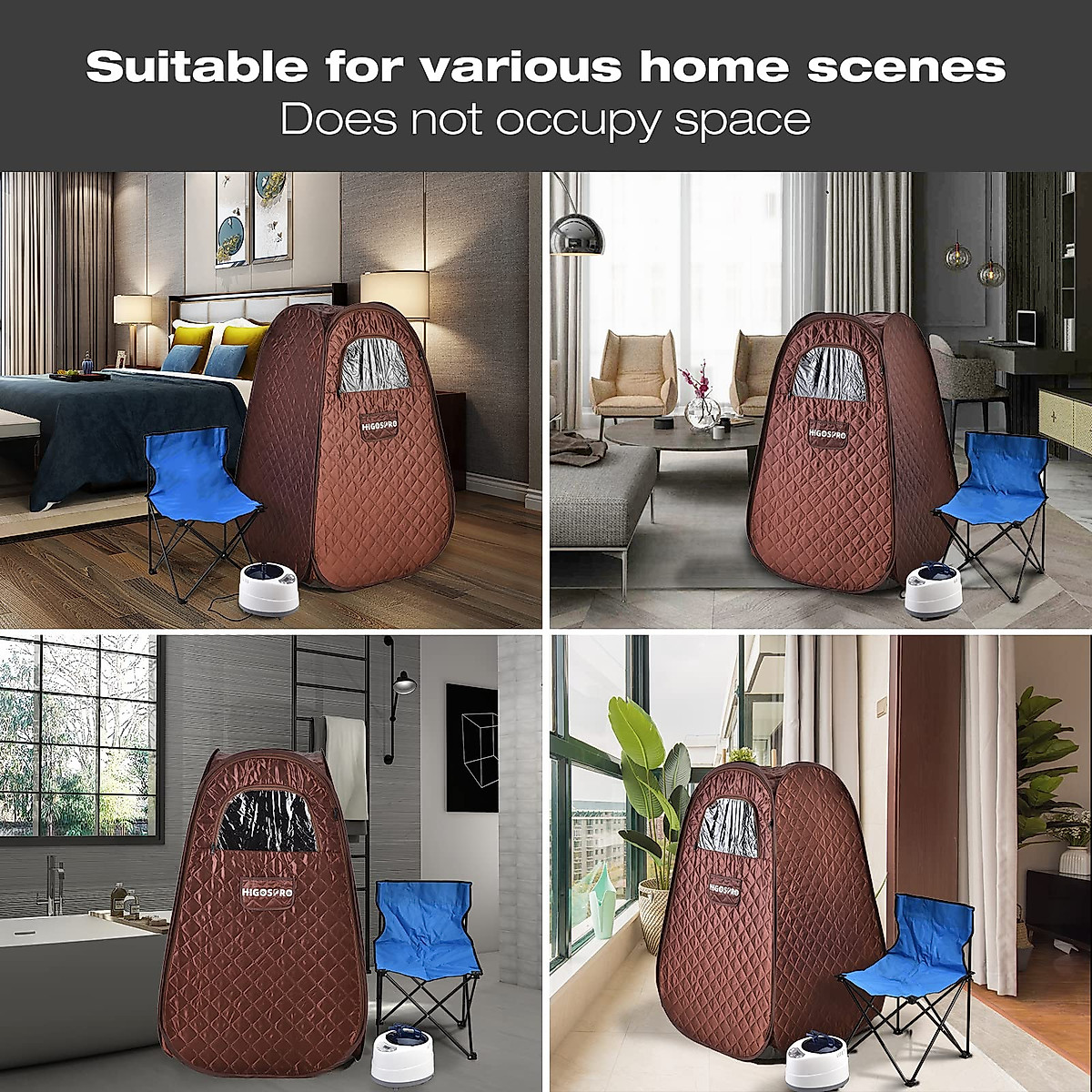 HIGOSPRO Portable Full Body Steam Sauna, Lightweight Steam Saunas for Home Spa, 2.6L FCC Certified 1000W Steam Generator, 90 Minute Timer, Indoor Steam Sauna Tent with Chair and Remote Control, Brown