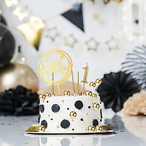 Yerliker 34 Pcs Happy Birthday Cake Toppers Decorations Birthday Candles for Men Women with 12 Long Thin Candles 10 Number Candles 9 Ball Cake Topper 3 Birthday Cake Topper(Gold)
