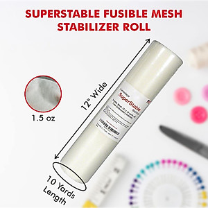 Superpunch Fusible Iron On No Show Mesh Embroidery Stabilizer, 1.5 Oz Lightweight Embroidery Backing Stabilizer-12 Inch x 10 Yard, SuperStable White Stabilizer for Embroidery Machine, Made in USA